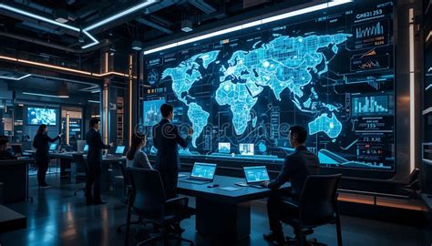 Team Analyzing World Map Data On Large Screen In Modern High Tech