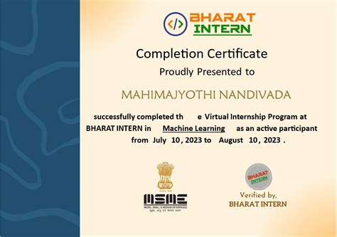 Mahimajyothi Nandivada On Linkedin Bharatintern Machinelearning