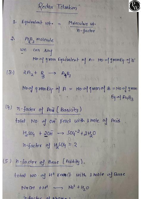 Solution Chemistry Redox Titration One Shot Formula Sheet Studypool