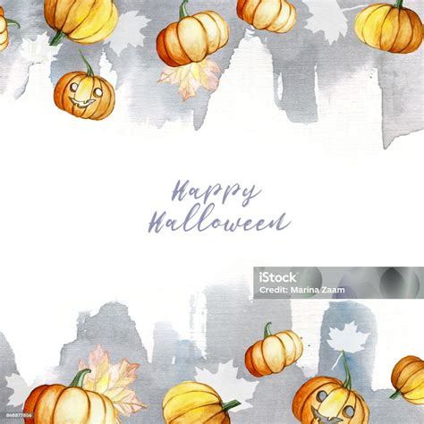 호박 잎 비문가 인테리어가 그림 수채화 회색 배경 할로윈 테마 프레임에 수채화 그림 가을에 대한 스톡 벡터 아트 및 기타 이미지 가을 겨울 계절 Istock