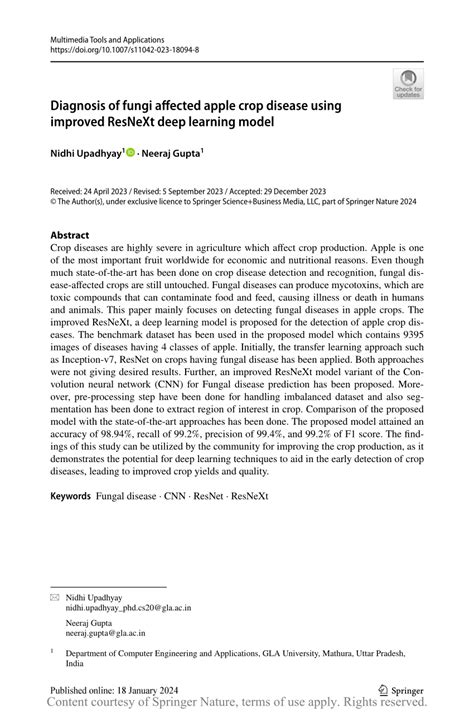 Diagnosis Of Fungi Affected Apple Crop Disease Using Improved Resnext Deep Learning Model