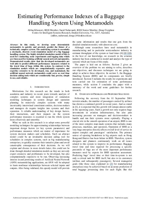 pdf estimating performance indexes of a baggage handling system using