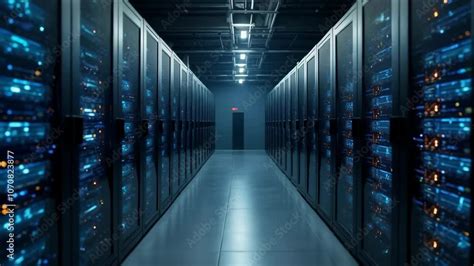 Long Hallway Of Server Racks With Blue Lights In A Data Center Symbolizing Digital