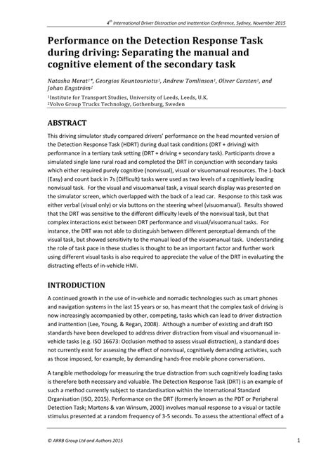 Pdf Performance On The Detection Response Task During Driving