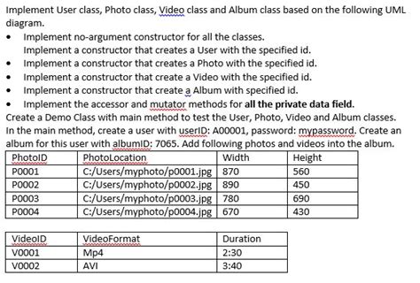 Solved Java N Implement User Class Photo Class