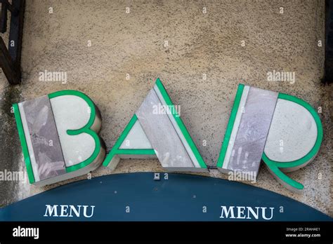 Text Bar Menu On Facade Wall Front Building Entrance Cafe Pub In Street Stock Photo Alamy