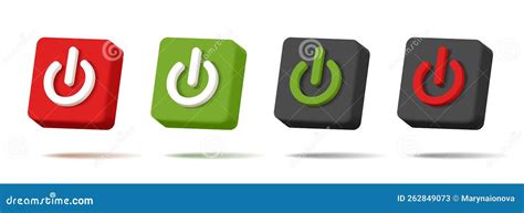 Web Icon Push Button Power Square Shape With Symbol In Different Colors Stock Vector