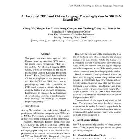 An Improved Crf Based Chinese Language Processing System For Sighan