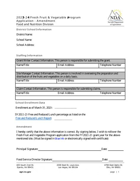 2024 Nevada Application Amendment Fresh Fruit And Vegetable Program Fill Out Sign Online