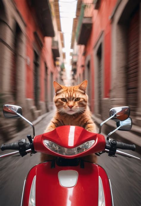 A Cat Riding A Red Vespa Throu Tensor Art