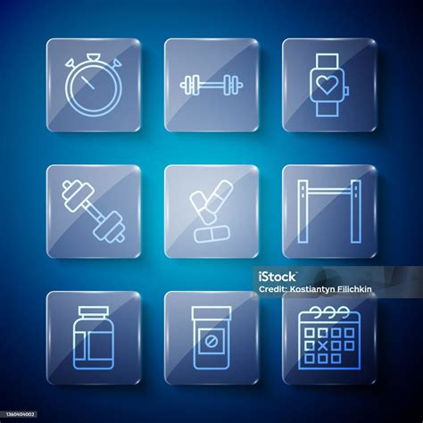 세트 라인 스포츠 영양 단백 동화 약물 캘린더 피트니스 스마트 시계 비타민 알약 아령 스톱워치 및 수평 바 아이콘 벡터 건강