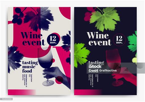 와인 잔 덩굴 잎 포도를 들고 복고풍 스타일 하프톤 효과를 가진 콜라주 손 이벤트 포스터 잡지 또는 프로모션을 위한 템플릿입니다