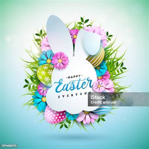 빛나는 노란색 배경에 그려진 달걀과 봄 꽃해피 부활절 휴일의 벡터 일러스트 인사말 카드 파티 초대 또는 프로모션 배너토끼 모양과 타이포그래피를 갖춘 국제 축하 디자인