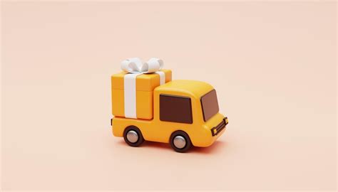 선물 상자가 있는 배달 트럭은 놀라움 또는 무료 배송 빠른 배송 자동차를 제공하여 신속 배송 운송 물류 개념 배경 3d 렌더링 그림을 제공합니다 무료 사진