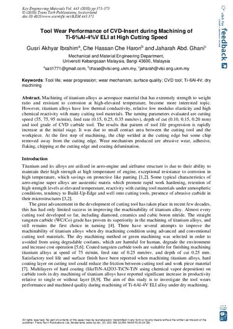 Pdf Tool Wear Performance Of Cvd Insert During Machining Of Ti 6 Al 4 V Eli At High Cutting Speed