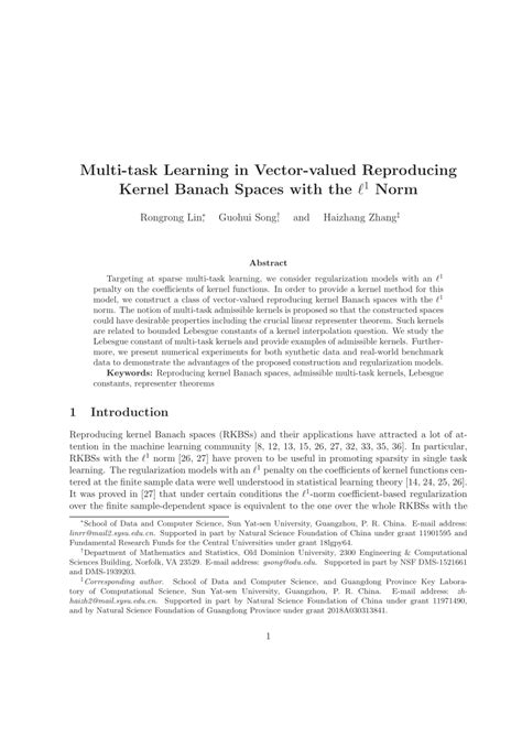 Pdf Multi Task Learning In Vector Valued Reproducing Kernel Banach