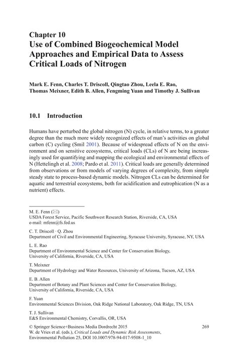 Pdf Use Of Combined Biogeochemical Model Approaches And Empirical Data To Assess Critical