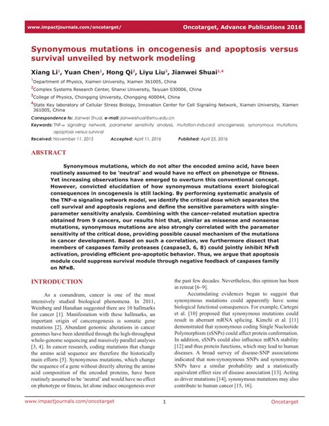 Pdf Synonymous Mutations In Oncogenesis And Apoptosis Versus Survival Unveiled By Network Modeling