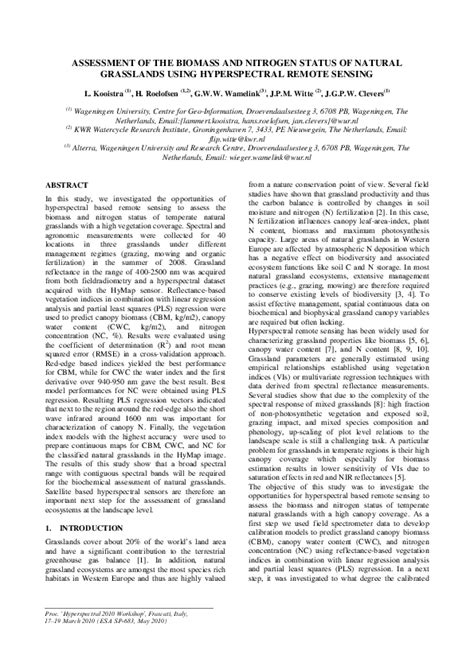 Pdf Assessment Of The Biomass And Nitrogen Status Of Natural Grasslands Using Hyperspectral