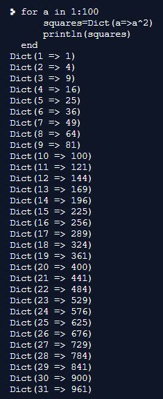 Dictionary With Loop And Squared Numbers New To Julia Julia