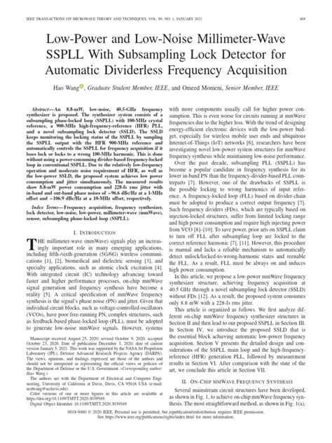 Low Powerandlow Noisemillimeter Wavesspllwithsubsamplinglockdetectorforautomatic