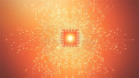 Orange Cpu Is Processing Data With Connections And Bright Core Stock