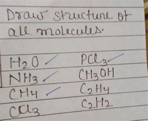 Draw structure of all molecules.H2 O/PCl3 NH3 >CH4 >C2 H4 CO3 CH3 OHC2