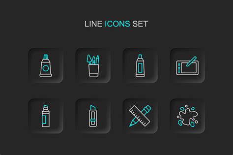 세트 라인 페인트 스프레이 교차 자 및 연필 문구 칼 마커 그래픽 태블릿 페인트 팔레트가 있는 튜브 필통 문구류 및 아이콘 벡터 고정됨에 대한 스톡 벡터 아트 및 기타