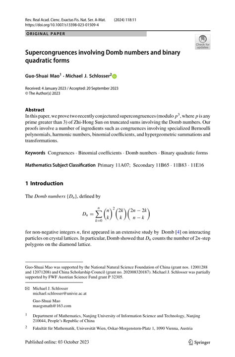 Pdf Supercongruences Involving Domb Numbers And Binary Quadratic Forms