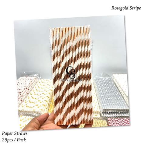 Metallic Foil Rosegold Stripe Paper Straw 25pcs Craftsupplyhq