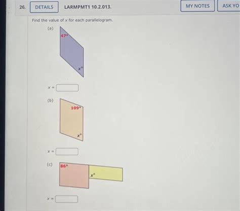 Solved Find The Value Of X For Each Parallelogram A X Chegg