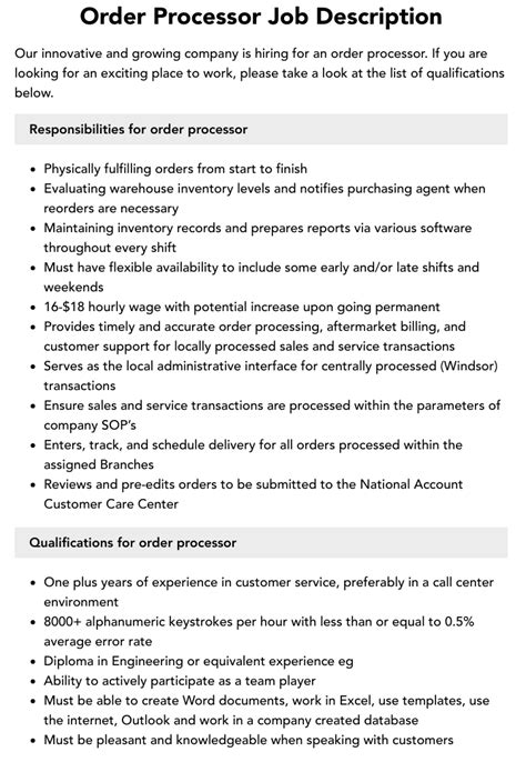 Order Processor Job Description Velvet Jobs