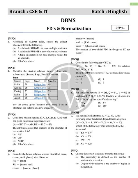 FD S Normalization DPP Of Lec Branch CSE IT Batch Hinglish DBMS FD S Studocu