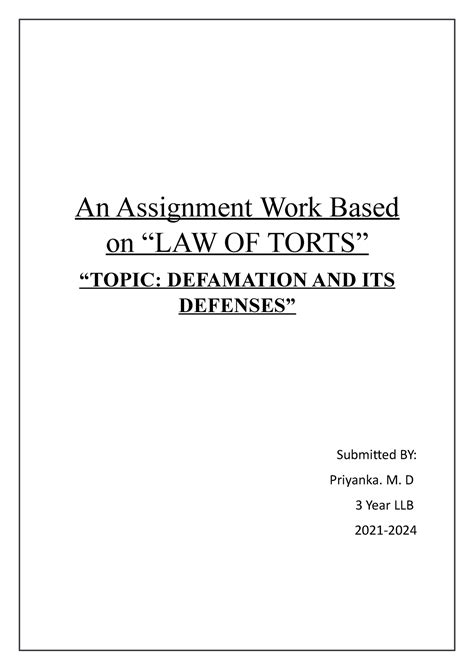 An Assignment Work Based On LAW OF Torts An Assignment Work Based On LAW OF TORTS TOPIC