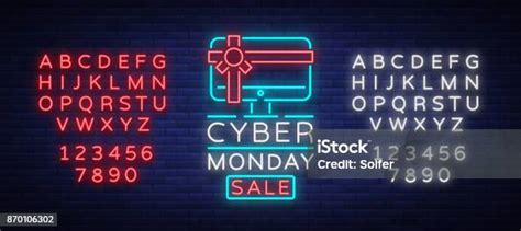 사이버 월요일 유행 네온 스타일 빛나는 간판 사이버 월요일 판매 리베이트의 야간 광고 광고 배너 벡터 텍스트 네온 사인 편집 네온 문자 11월에 대한 스톡 벡터 아트 및