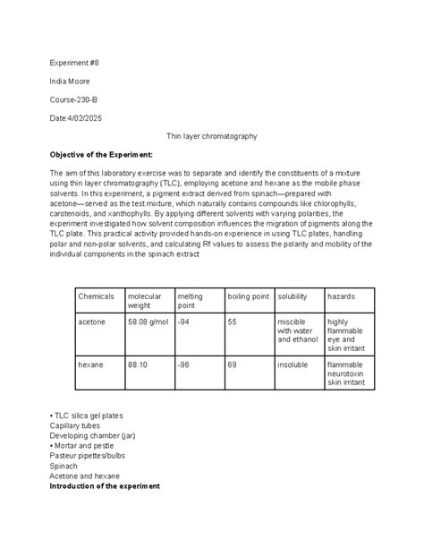 Lab 8 Experiment Report On Thin Layer Chromatography Of Spinach