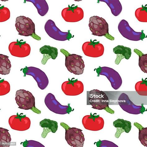 손으로 그린 다채로운 야채가 있는 매끄러운 패턴 플랫 아이콘 브로콜리 가지 아티초크 토마토 채식 건강 식품 고추류에 대한 스톡 벡터 아트 및 기타 이미지 Istock