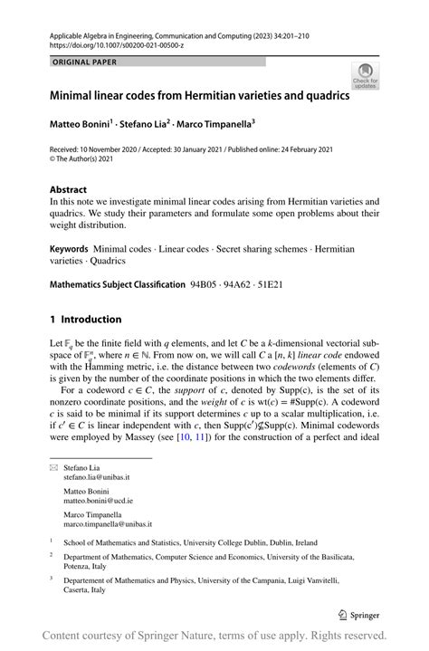 Pdf Minimal Linear Codes From Hermitian Varieties And Quadrics