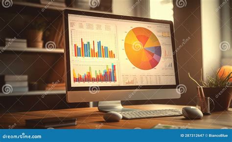 The Side View of a Computer Screen Displaying Multiple Financial Reports, Graphs and Pie in ...