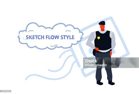 경찰 남자 유니폼 남성 경찰관 경찰 보안 가드 만화 캐릭터 전체 길이 스케치 흐름 스타일 수평에 개념에 대한 스톡 벡터 아트 및 기타 이미지 Istock