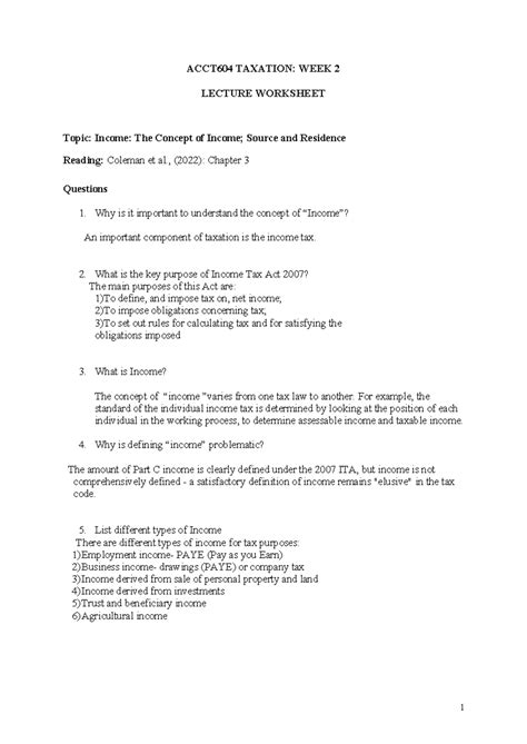 Acct604 Week 2 Lecture Worksheet Acct604 Taxation Week 2 Lecture Worksheet Topic Income The