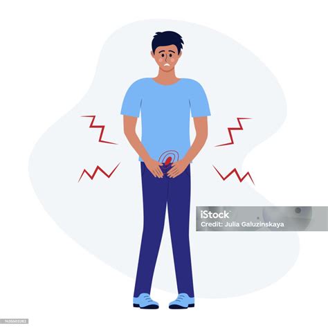 하복부 방광에 통증이있는 남자 남성 캐릭터는 전립선 염 방광염 비뇨기 계통의 통증 요실금 요도염으로 고통받습니다 남자에 대한 스톡 벡터 아트 및 기타 이미지 Istock