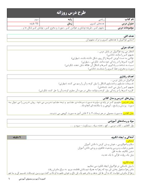 طرح درس روزانه ریاضی سوم دبستان فصل 3 عددهای کسری گاما