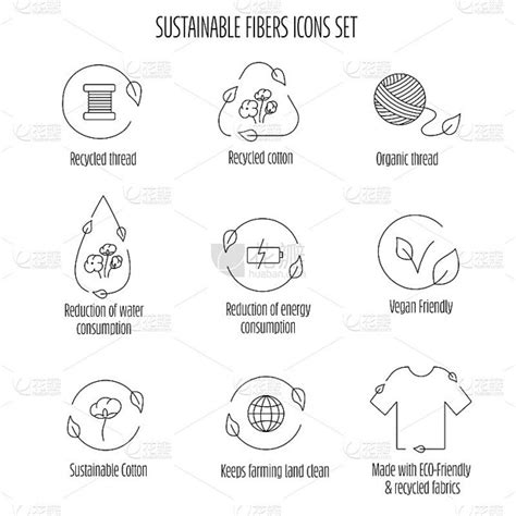 可持续纤维织物图标设置与标志为生态友好天然织物产品服装包装