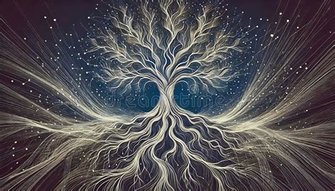 Abstract Line Art Of A Tree With Roots Spreading Widely And Branches Forming A Complex Network