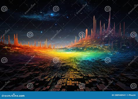 Abstract Digital Landscape With Colorful Data Points Glowing In The