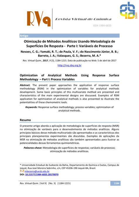 Pdf Optimization Of Analytical Methods Using Response Surface Methodology Part I Process