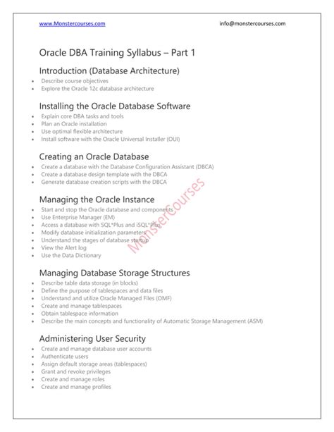 Oracle Dba 12c Training Syllabus Pdf