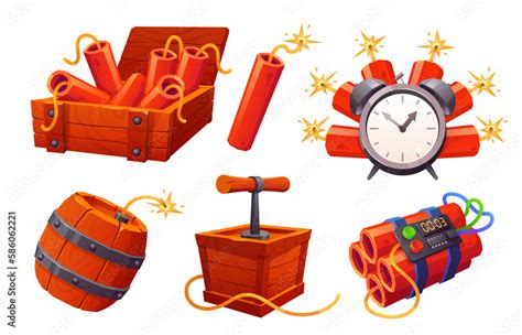 Cartoon Tnt And Barrel Game Props Ui Icon Set In Vector Isolated Bomb