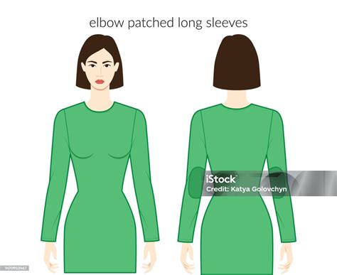 팔꿈치 패치 소매 긴 길이 옷 캐릭터 녹색 탑 셔츠 드레스 드레스 탑 셔츠 테크니컬 패션 일러스트레이션에 아름 다운 숙녀 플랫 의류 템플릿입니다 여성 남성 남녀 공용 Cad
